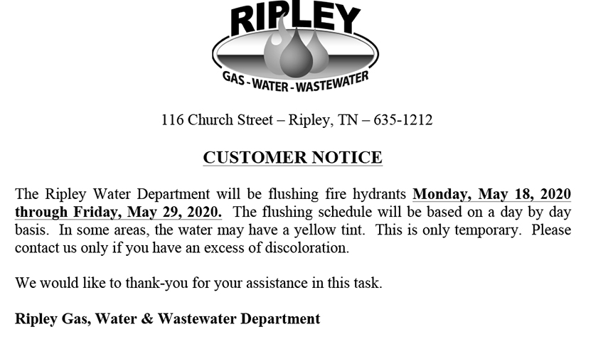 Ripley Gas and Water-Public Notice-Fire Hydrant Flushing.5-27-20 ...
